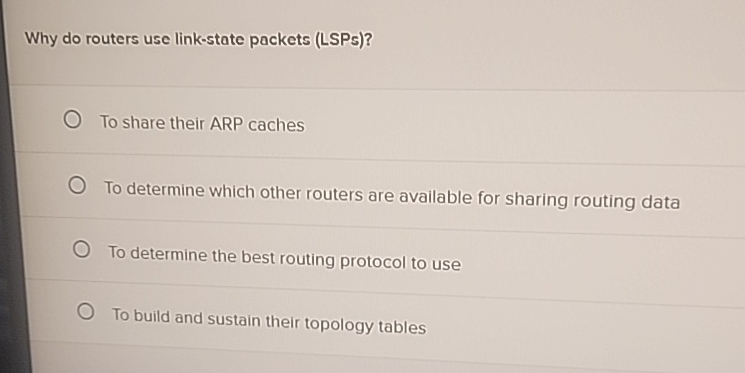 Solved Why do routers use link-state packets (LSPs)?To share | Chegg.com