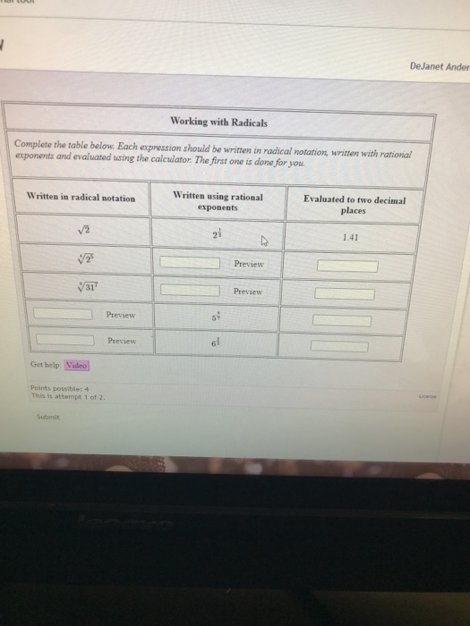 Solved DeJanet Ander Working with Radicals Complete the | Chegg.com
