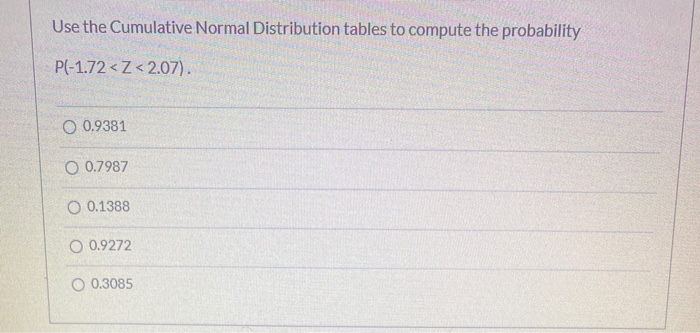 Solved Use the Cumulative Normal Distribution tables to | Chegg.com
