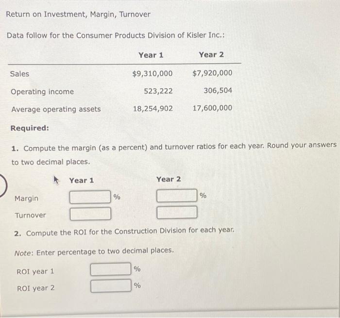 Solved Return on Investment, Margin, Turnover Data follow | Chegg.com