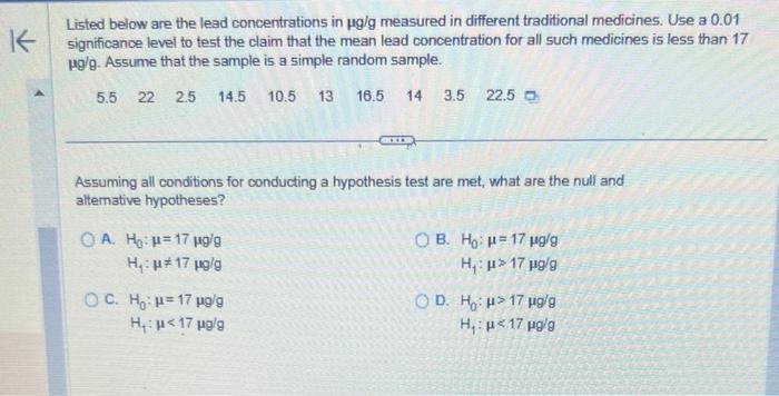 Solved Listed below are the lead concentrations in μg/g | Chegg.com