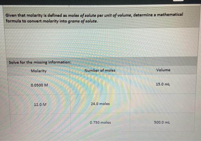 Solved Given that molarity is defined as moles of solute per | Chegg.com