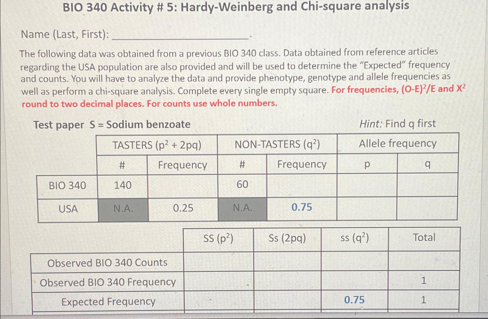 Solved BIO 340 ﻿Activity # 5: Hardy-Weinberg and Chi-square | Chegg.com