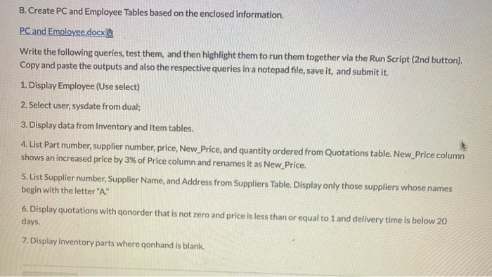 Solved B. Create PC and Employee Tables based on the | Chegg.com