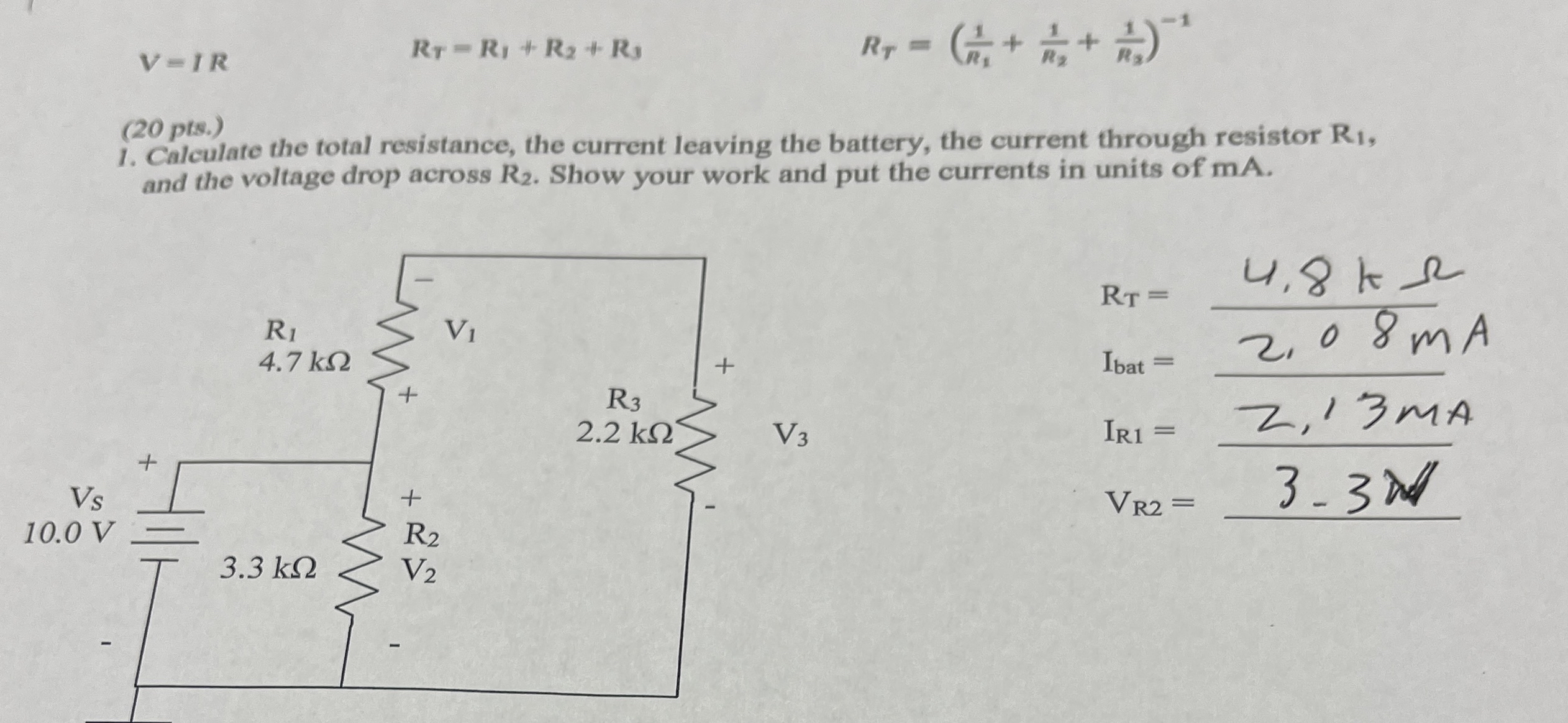 Solved V=IR,RT=R1+R2+R3,RT=(1R1+1R2+1R3)-1(20 | Chegg.com