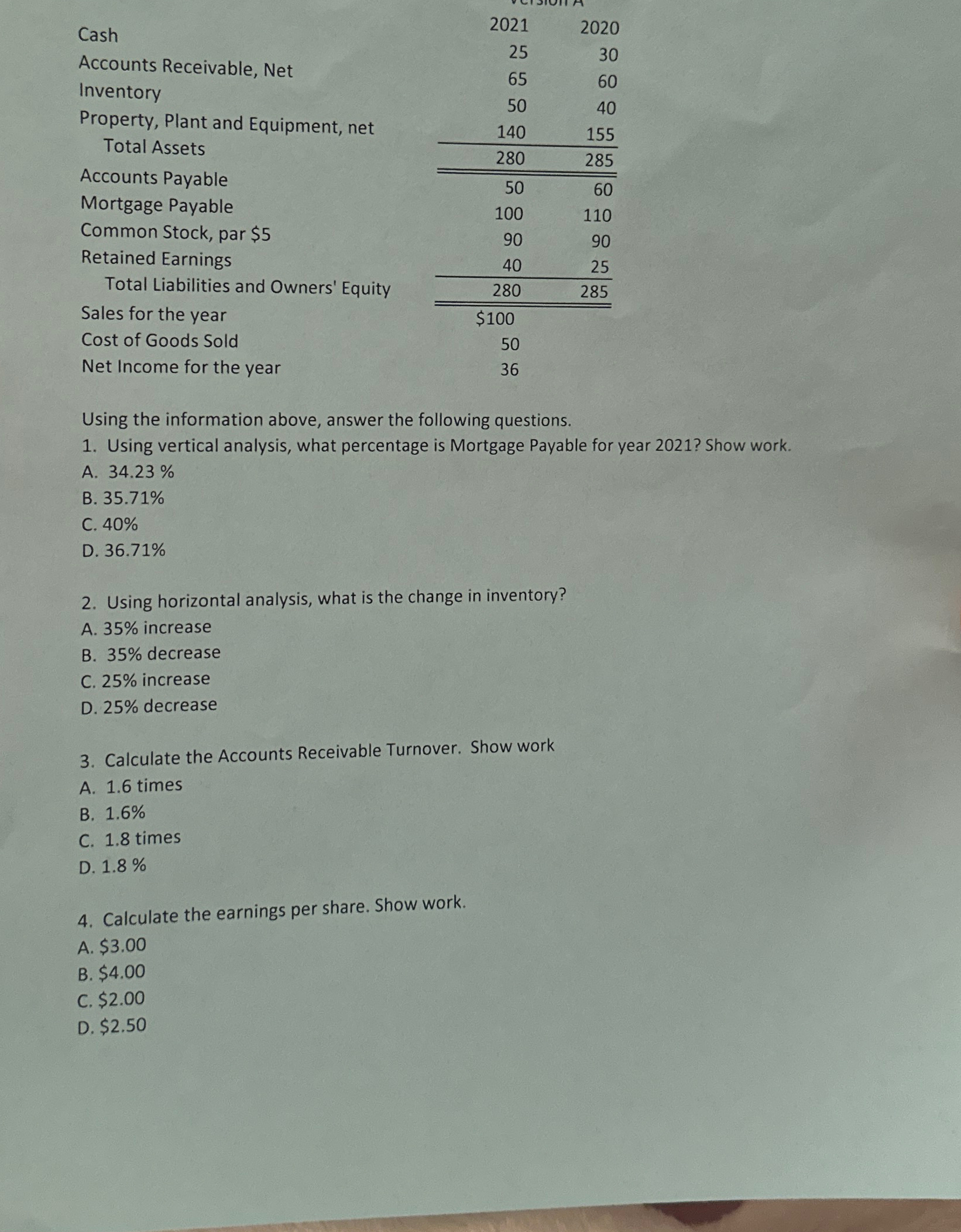 Solved \table[[Cash,2021,2020],[Accounts Receivable, | Chegg.com
