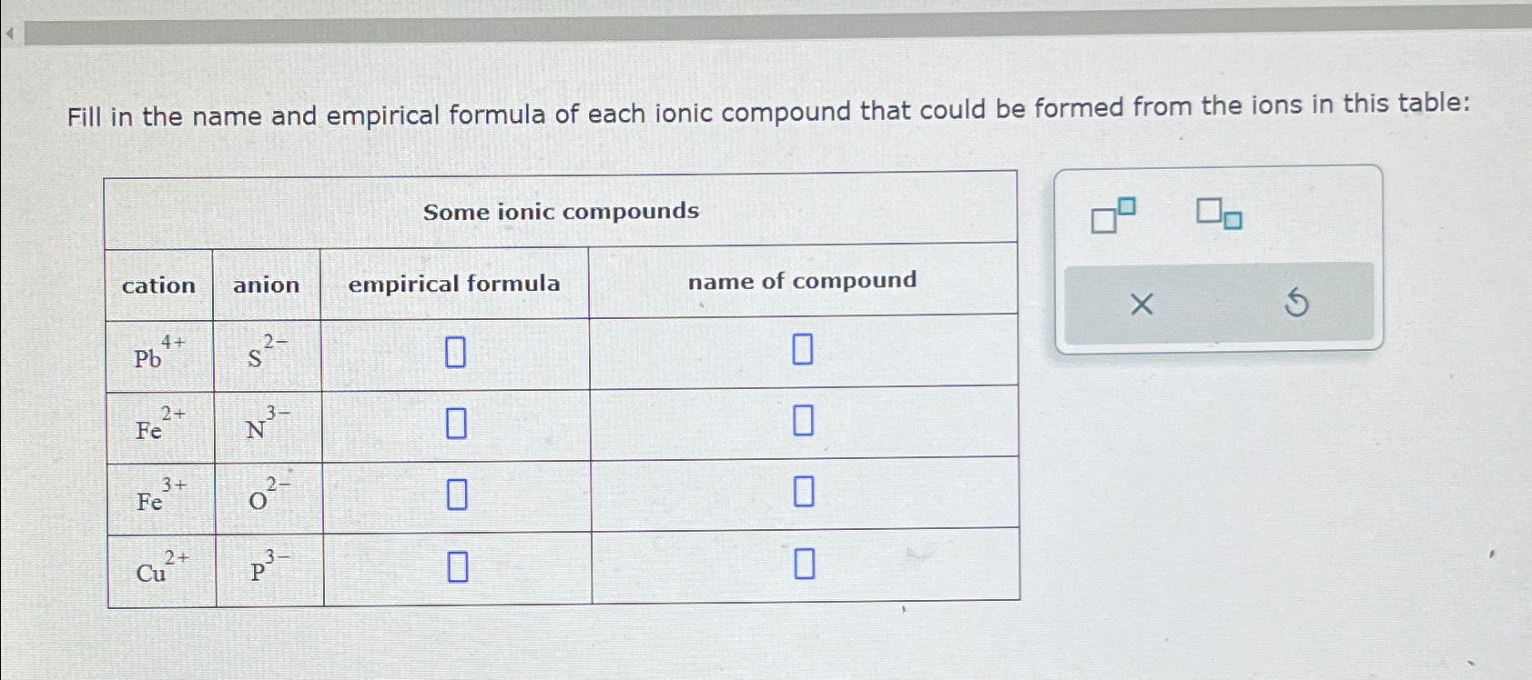 Solved Fill in the name and empirical formula of each ionic | Chegg.com