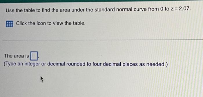 Solved Use the table to find the area under the standard | Chegg.com