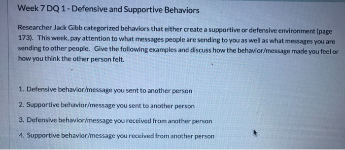 Solved Week 7 DQ 1 - Defensive and Supportive Behaviors | Chegg.com