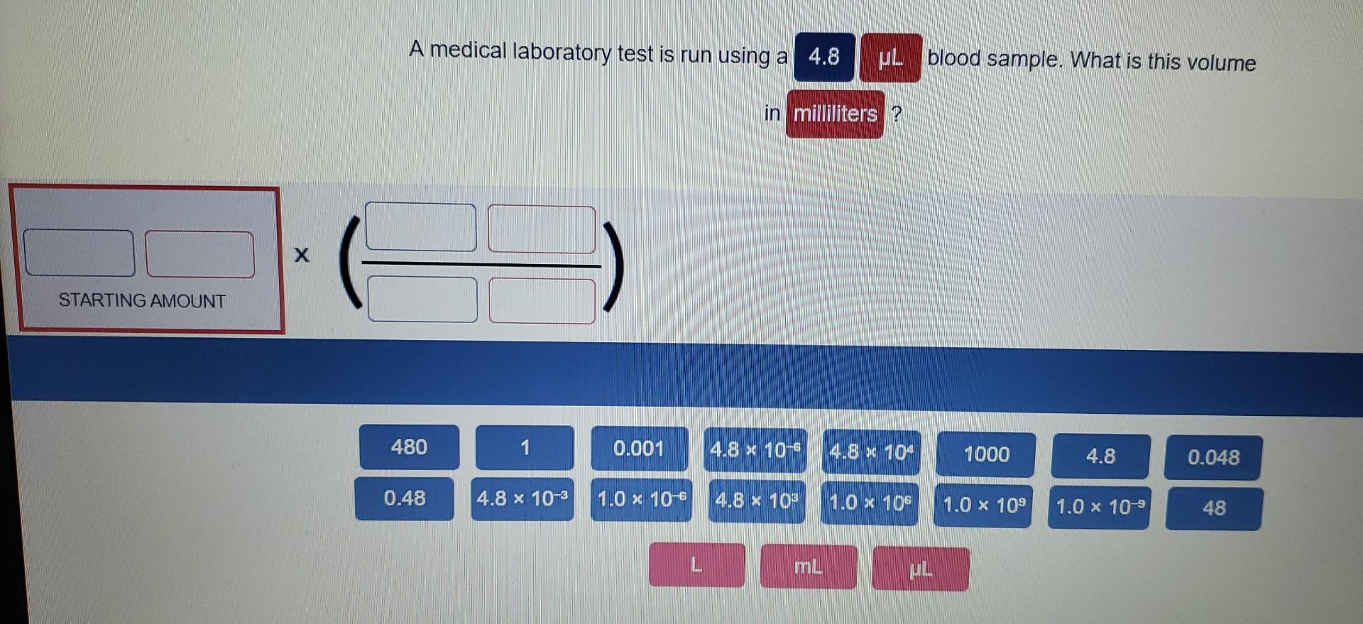 Solved A medical laboratory test is run using a 4.8 PL blood | Chegg.com