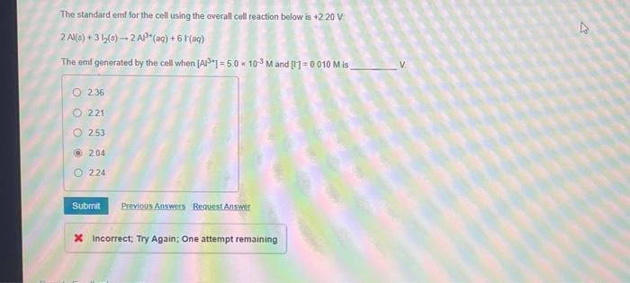 Solved The standard emf for the cell using the overall cell | Chegg.com