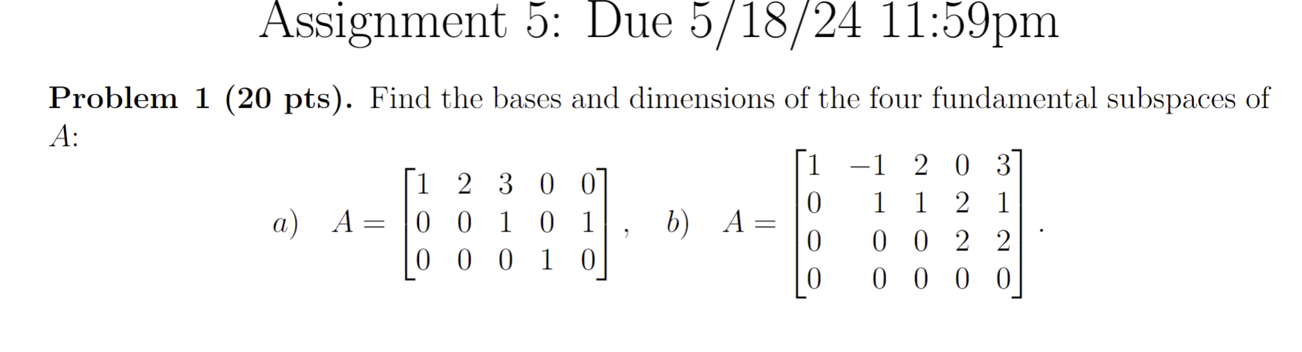 Problem 1(20pts). ﻿Find the bases and dimensions of | Chegg.com