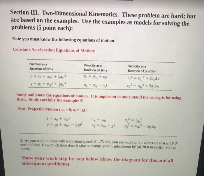 Solved Section III. Two-Dimensional Kinematics. These | Chegg.com
