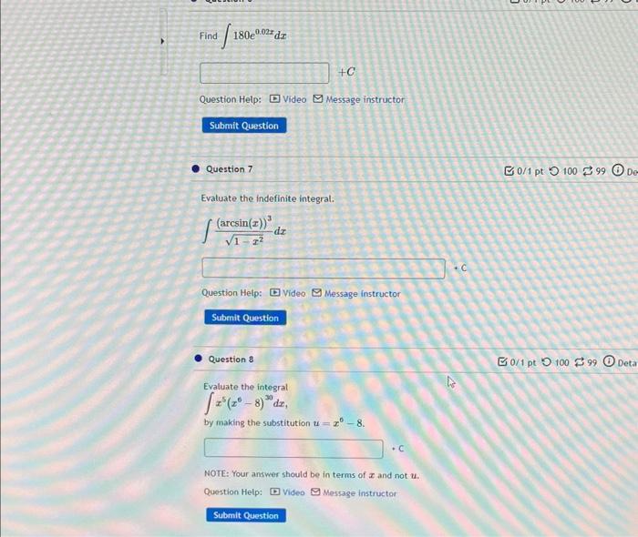 Find ∫180e0.02xdx +C Question Help: Video M Message | Chegg.com