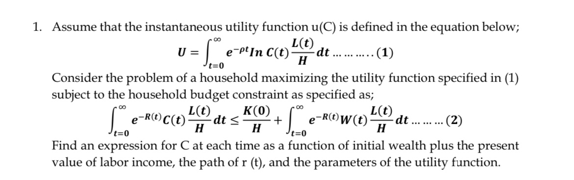 Solved Assume that the instantaneous utility function u(C) | Chegg.com