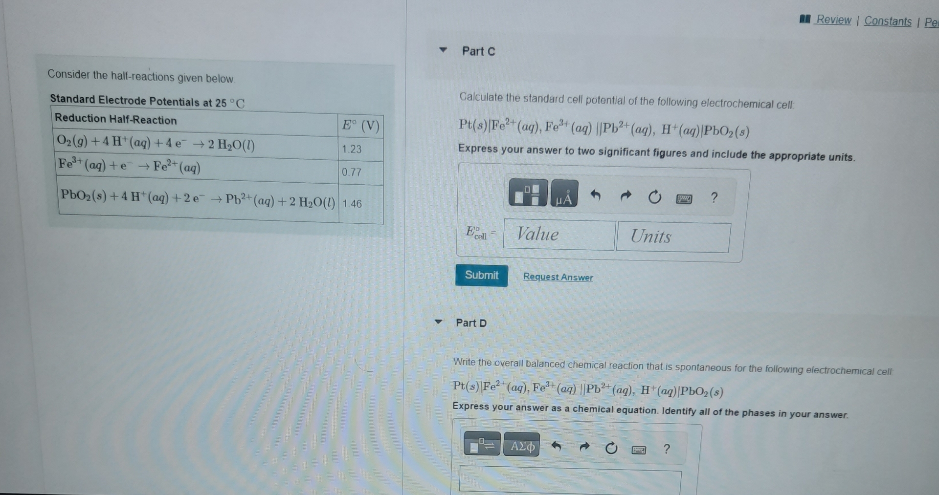 Solved ReviewConstantsPe?Consider the half-reactions given | Chegg.com