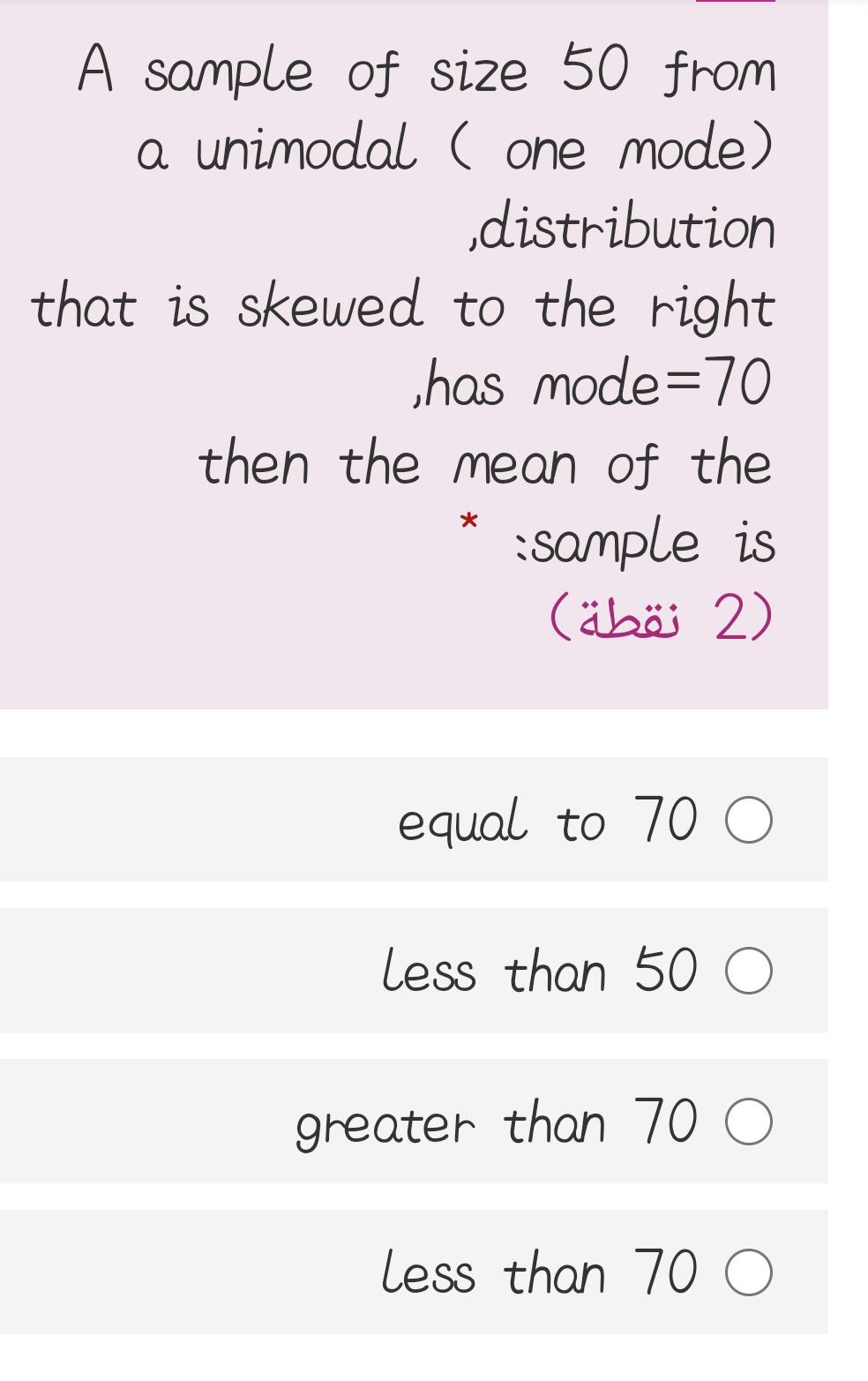 Solved A sample of size 50 from a unimodal ( one mode) | Chegg.com