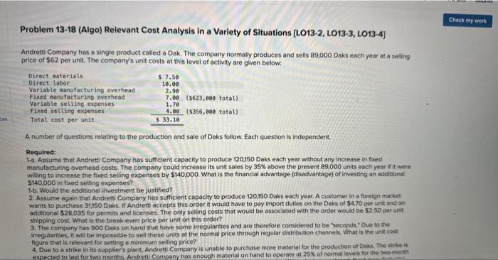 Solved Problem 13-18 (Algo) Relevant Cost Analysis in a | Chegg.com