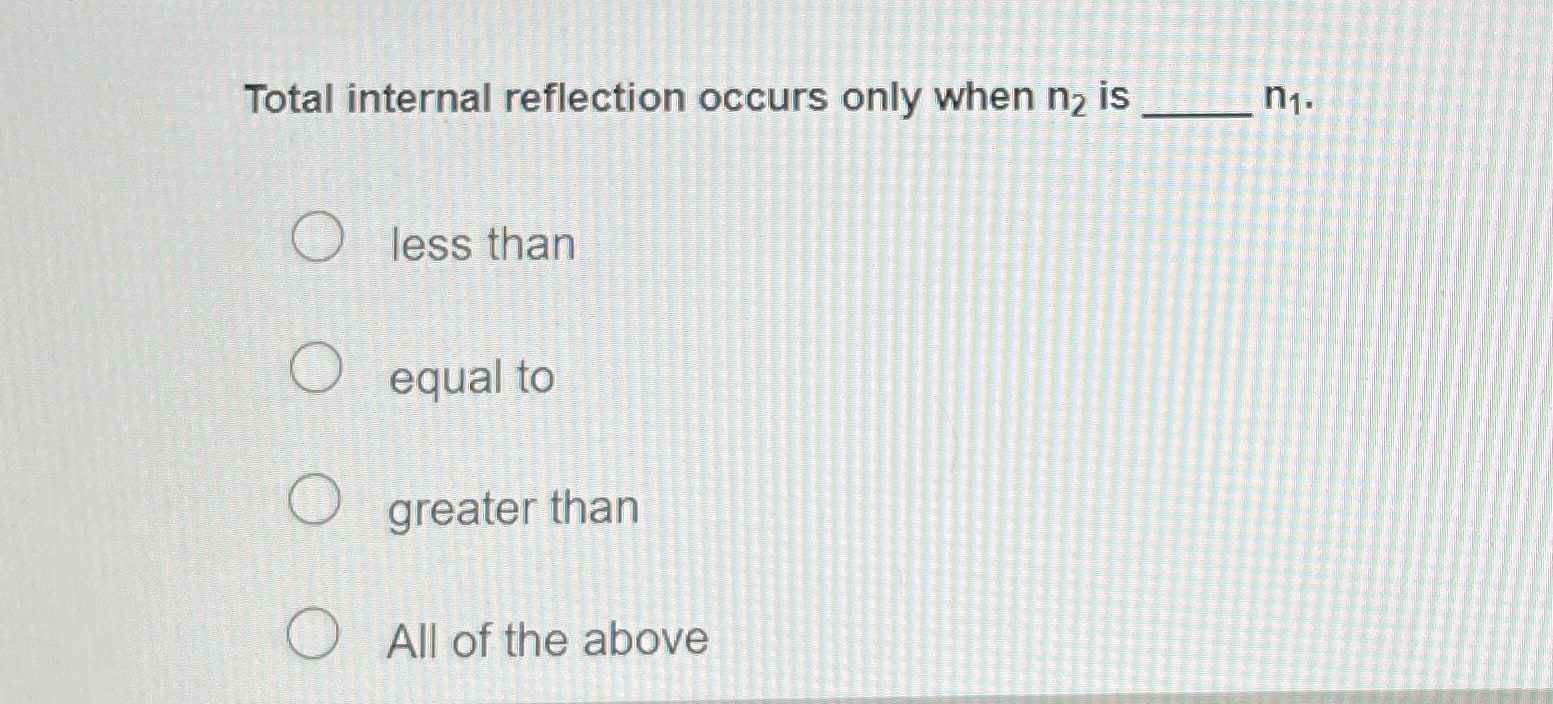 Solved Total internal reflection occurs only when n2 ﻿is | Chegg.com