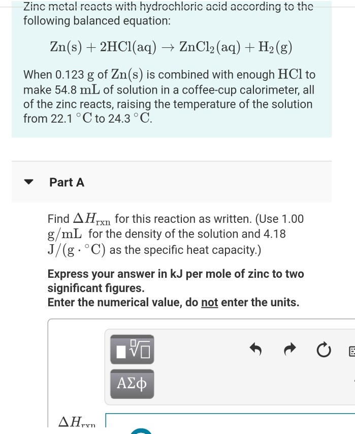 Solved Zinc metal reacts with hydrochloric acid according to | Chegg.com
