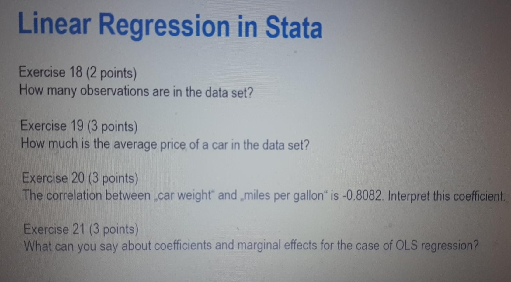 Linear Regression in Stata Exercise 18 (2 points) How | Chegg.com