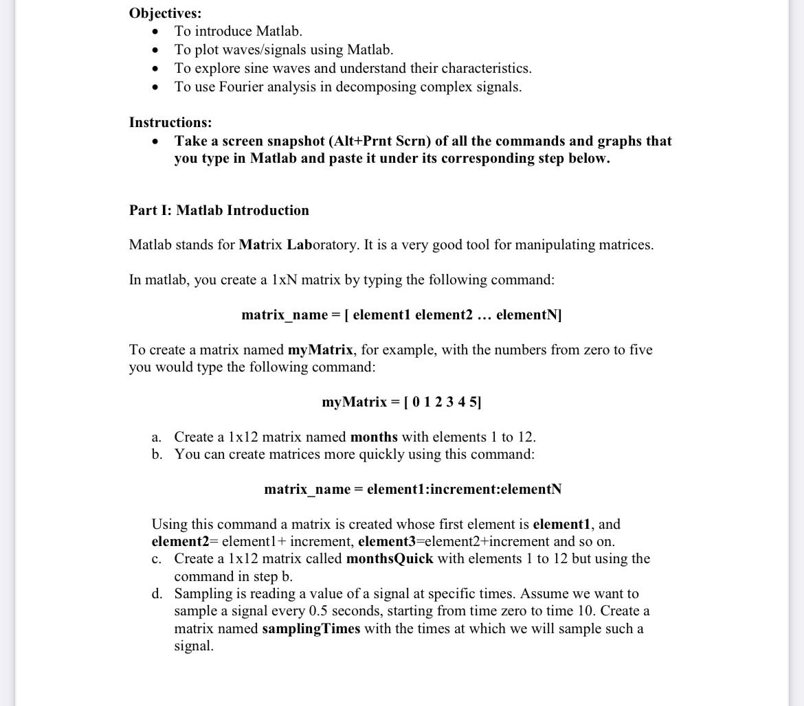 Solved Objectives:To introduce Matlab.To plot waves/signals | Chegg.com