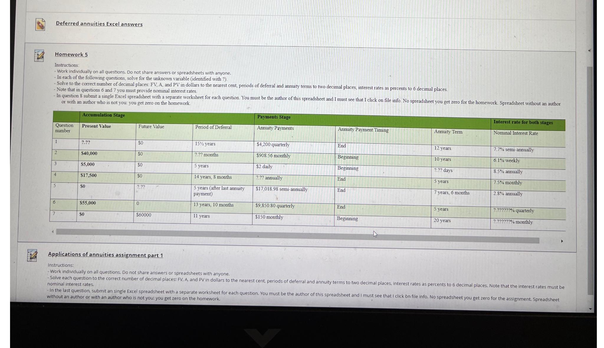 Deferred annuities Excel answersHomework | Chegg.com Deferred annuities Excel answersHomework | Chegg.com