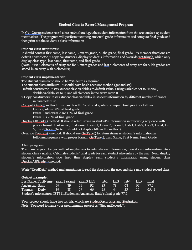 Student Class in Record Management Program In C#, | Chegg.com