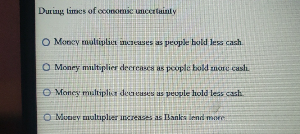 Solved During times of economic uncertaintyMoney multiplier | Chegg.com