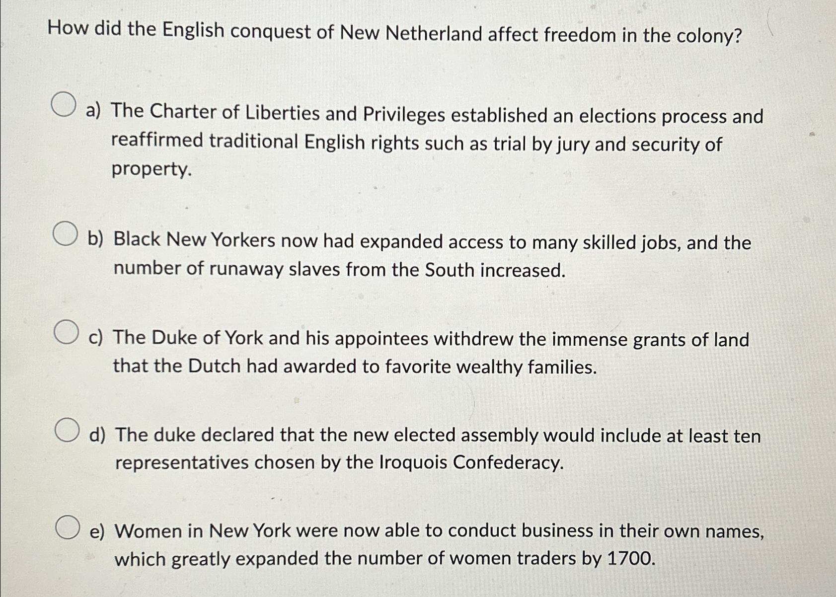 Solved How did the English conquest of New Netherland affect | Chegg.com