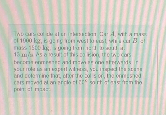 Solved Two cars collide at an intersection. Car A, with a | Chegg.com