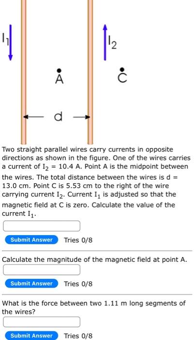 Solved Two straight parallel wires carry currents in | Chegg.com
