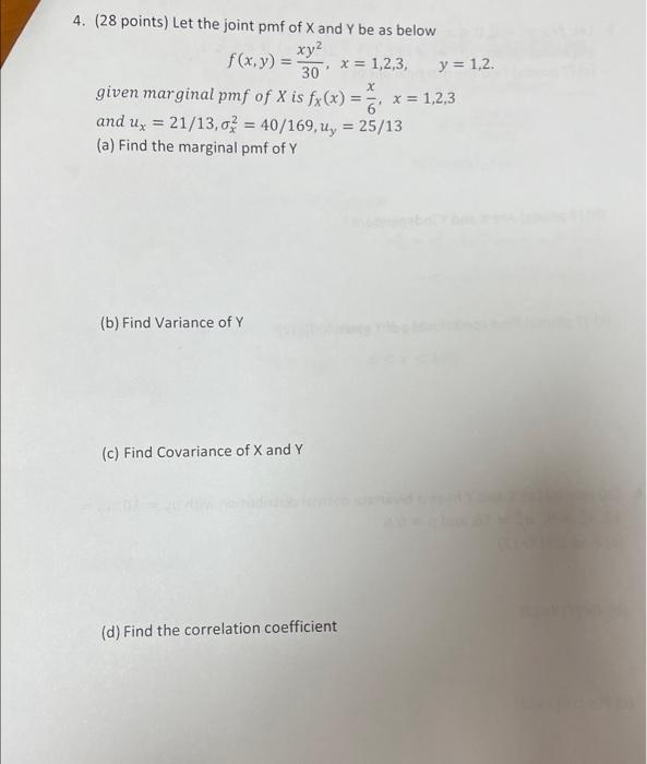 Solved 4. ( 28 points) Let the joint pmf of X and Y be as | Chegg.com