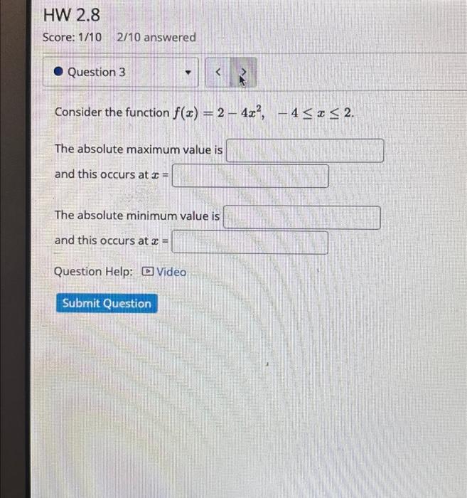 Solved HW 2.8 Score: Question 3 Consider the function f(x) | Chegg.com