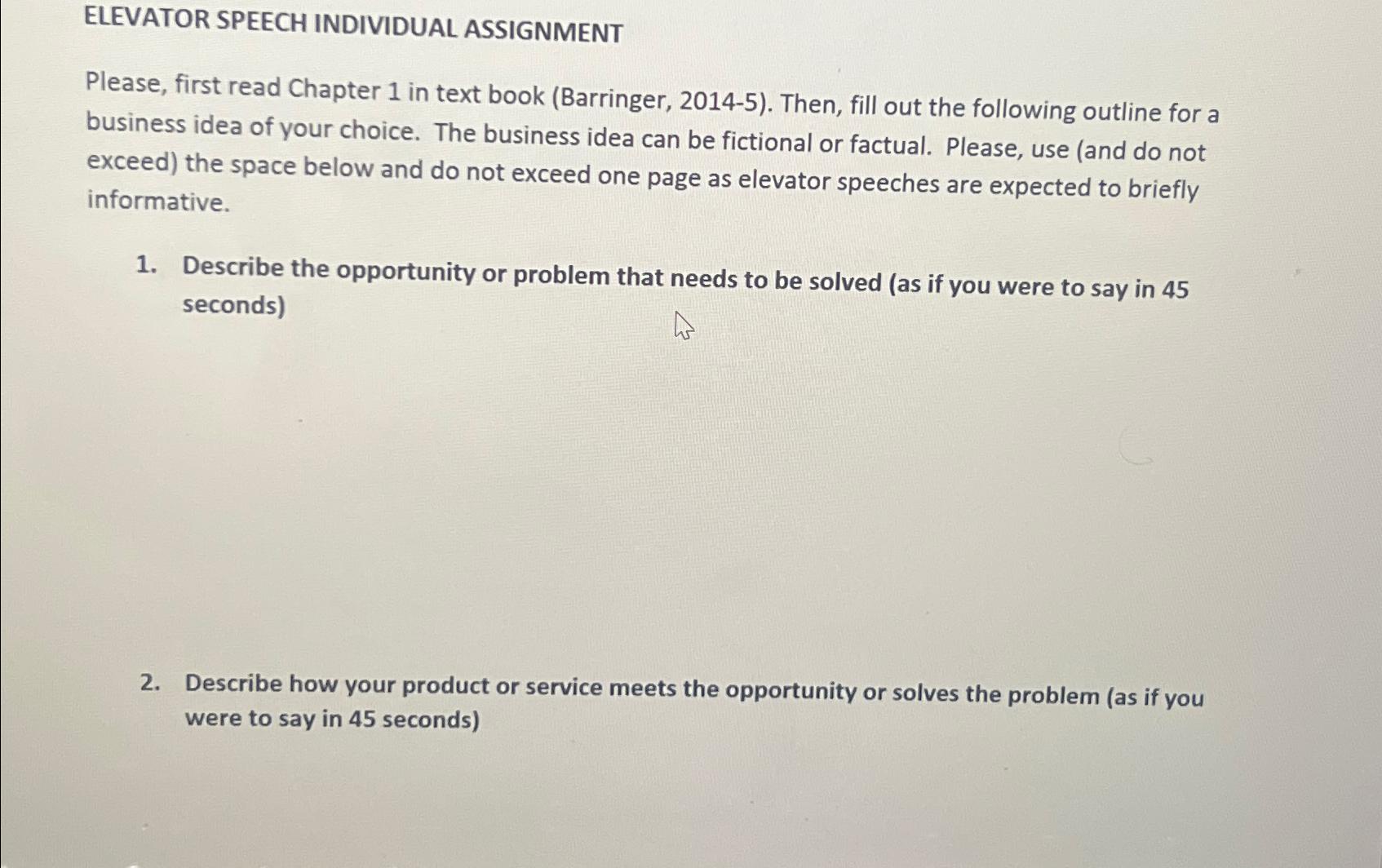 Solved ELEVATOR SPEECH INDIVIDUAL ASSIGNMENTPlease, first | Chegg.com