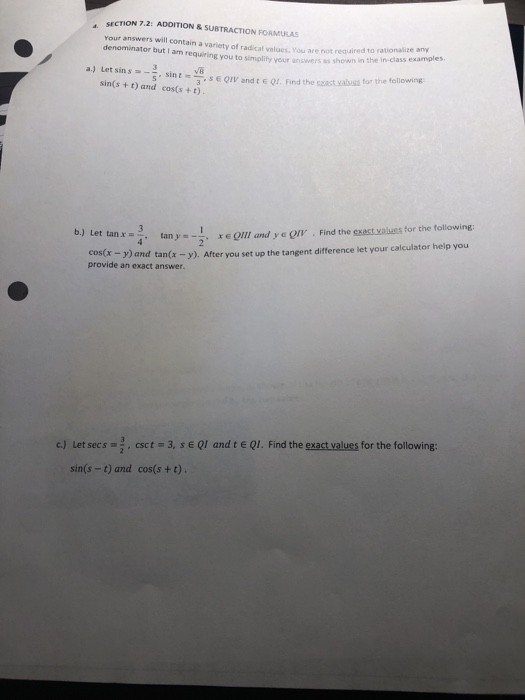 Solved SECTION 7.2: ADDITION & SUBTRACTION FORMULAS You | Chegg.com