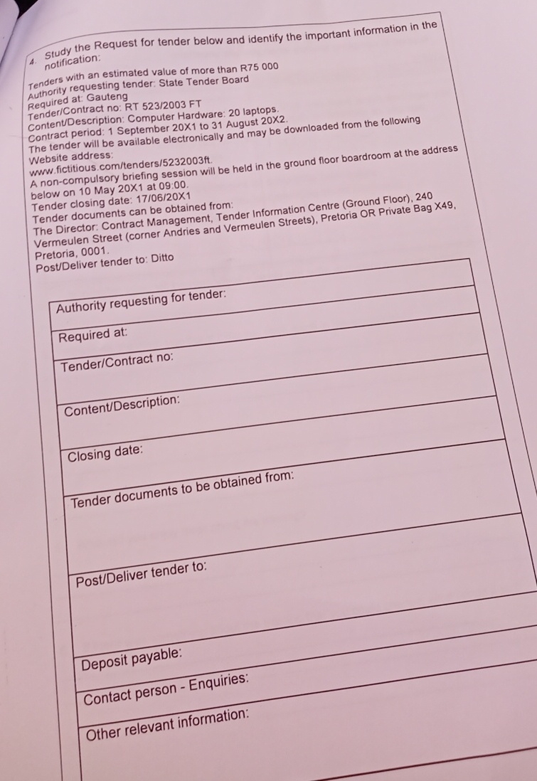 Solved Study the Request for tender below and identify the | Chegg.com