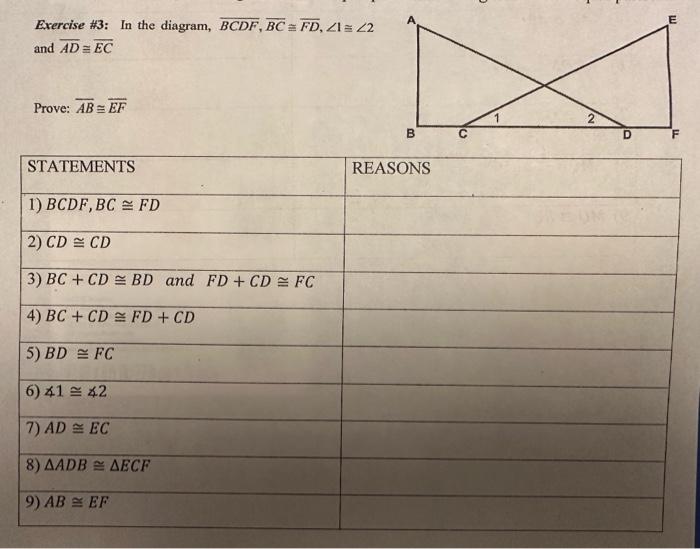 Solved Exercise \#3: In the diagram, BCDF,BC≅FD,∠l≅∠2 and | Chegg.com