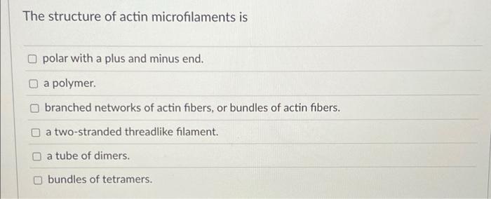Solved The structure of actin microfilaments is polar with a | Chegg.com