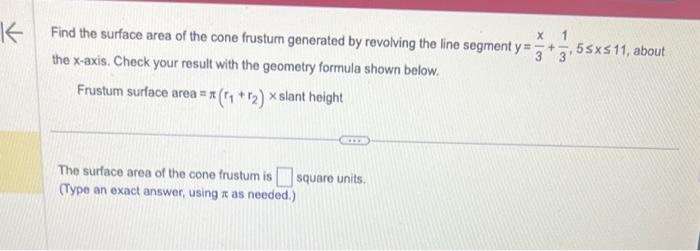 Solved Find the surface area of the cone frustum generated | Chegg.com