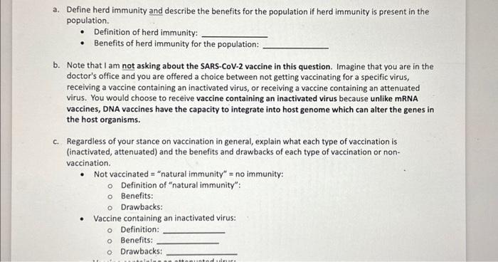 Solved a. Define herd immunity and describe the benefits for | Chegg.com