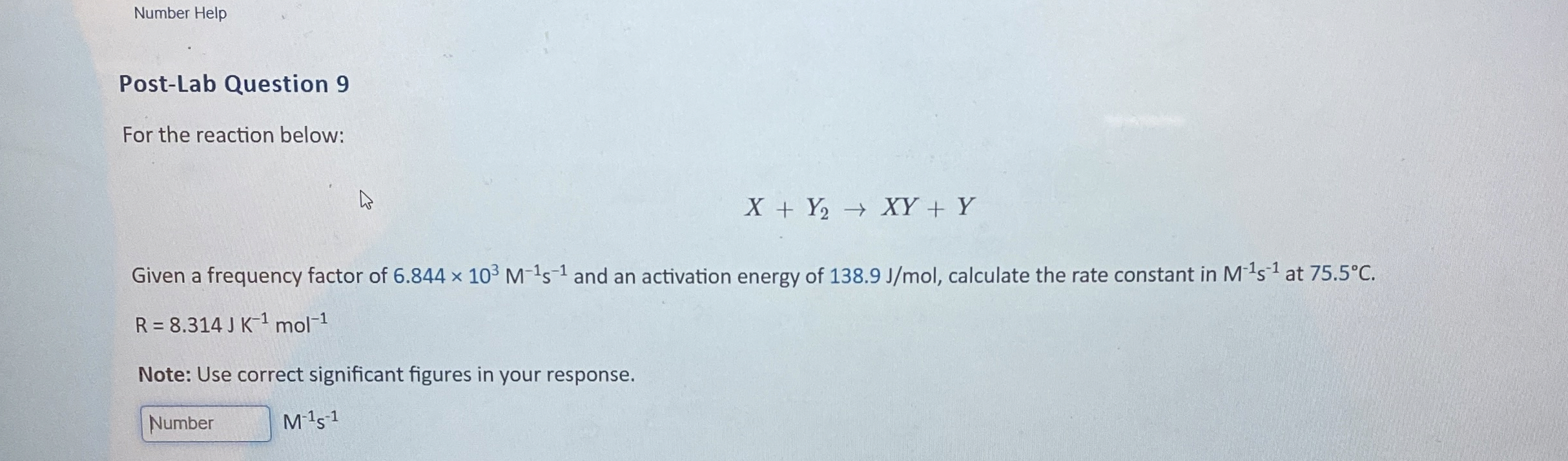 Solved Post-Lab Question 9For the reaction | Chegg.com