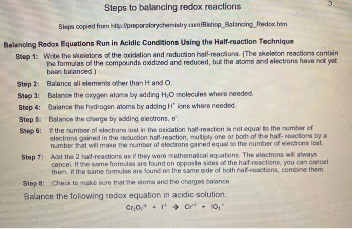 Solved Steps to balancing redox reactions Steps copied from | Chegg.com