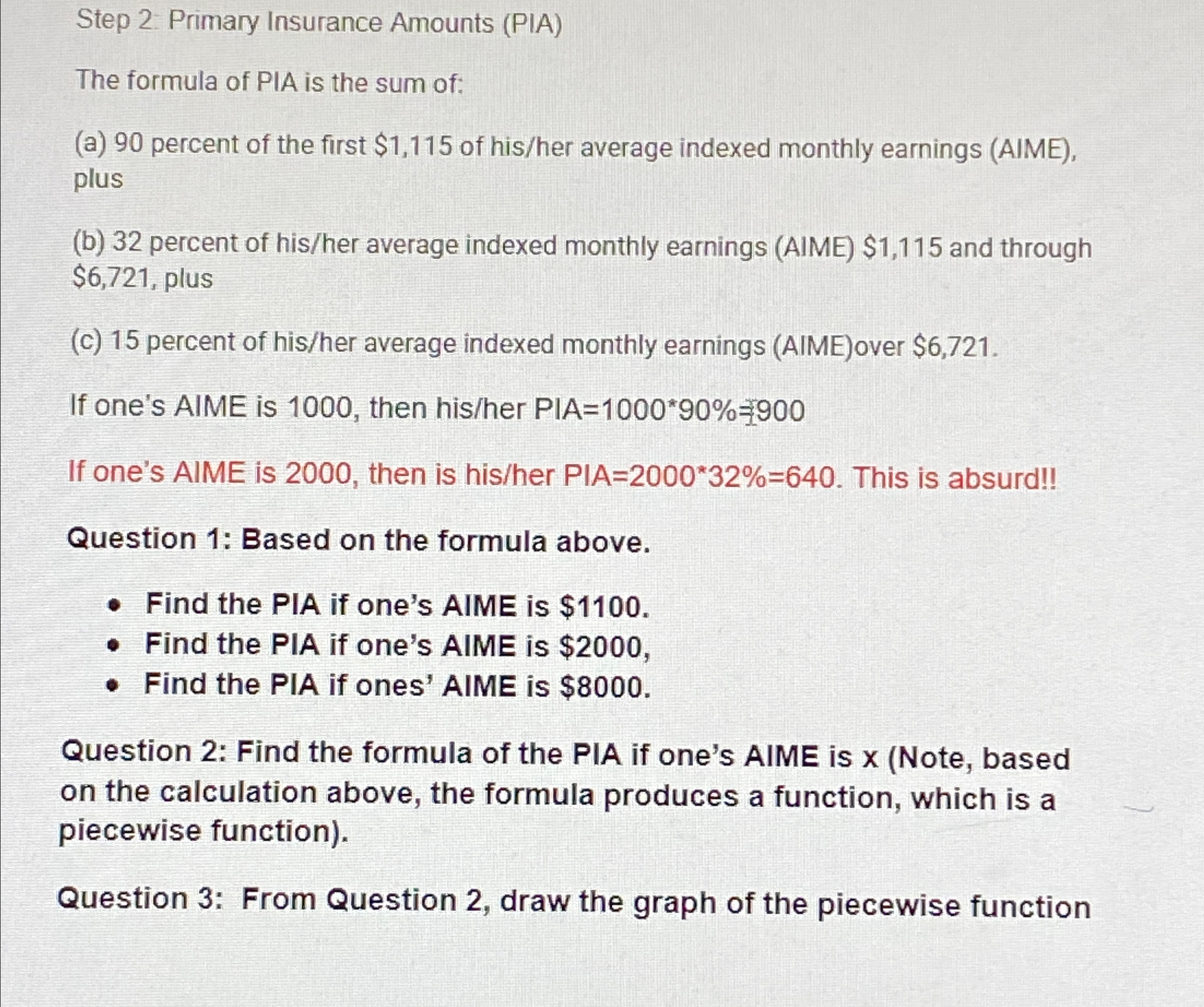 Solved Step 2. ﻿Primary Insurance Amounts (PIA)The formula | Chegg.com