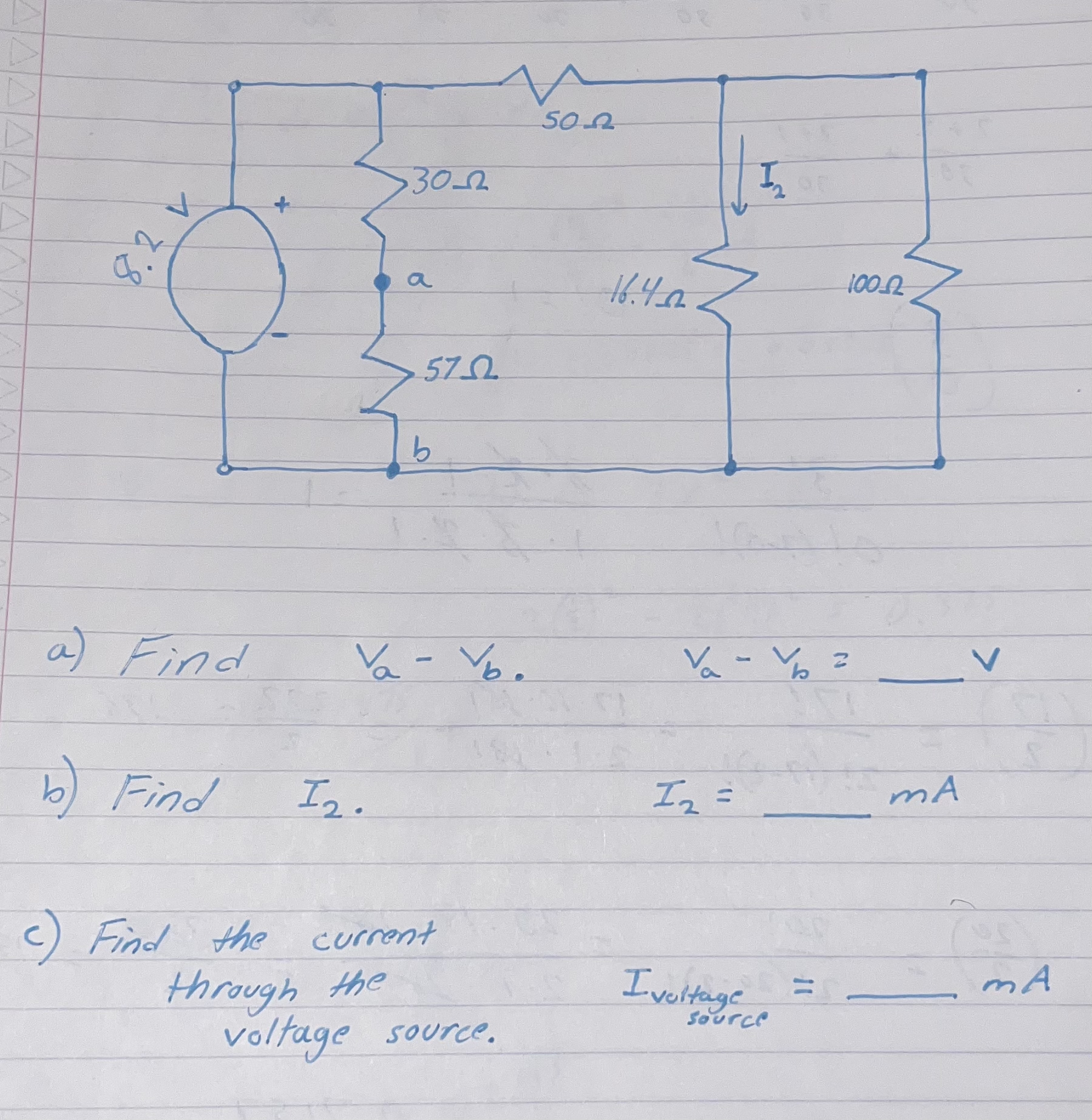 Solved a) ﻿Find Va-Vb. Va-Vb= b) ﻿Find I2.I2= mAc) ﻿Find the | Chegg.com