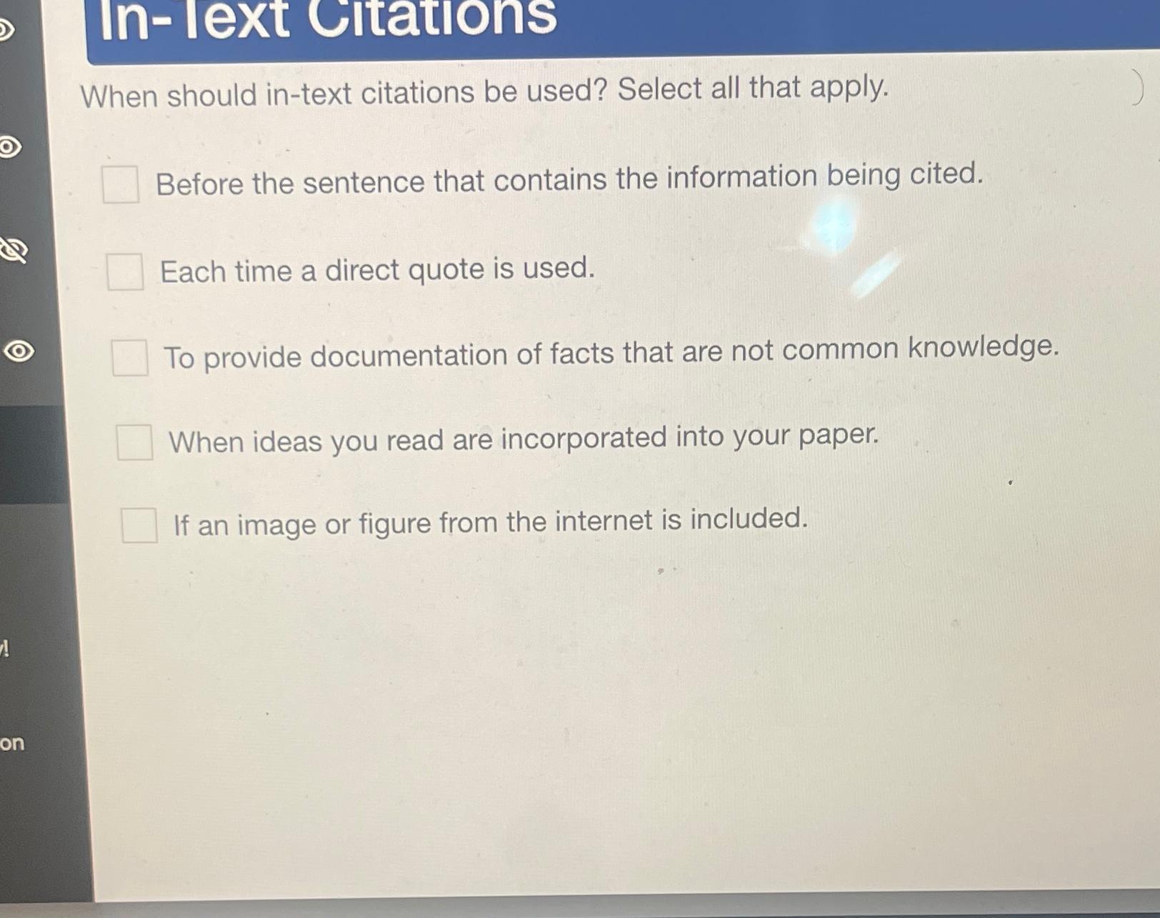 Solved In-lext CltationsWhen should in-text citations be | Chegg.com