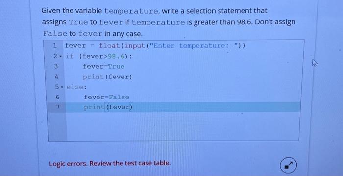 Solved Assigns True To Fever If Temperature Is Greater Than