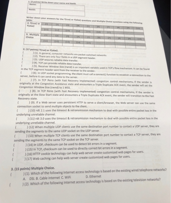 Solved 1. (2 points) Write de your name and NetID questions | Chegg.com