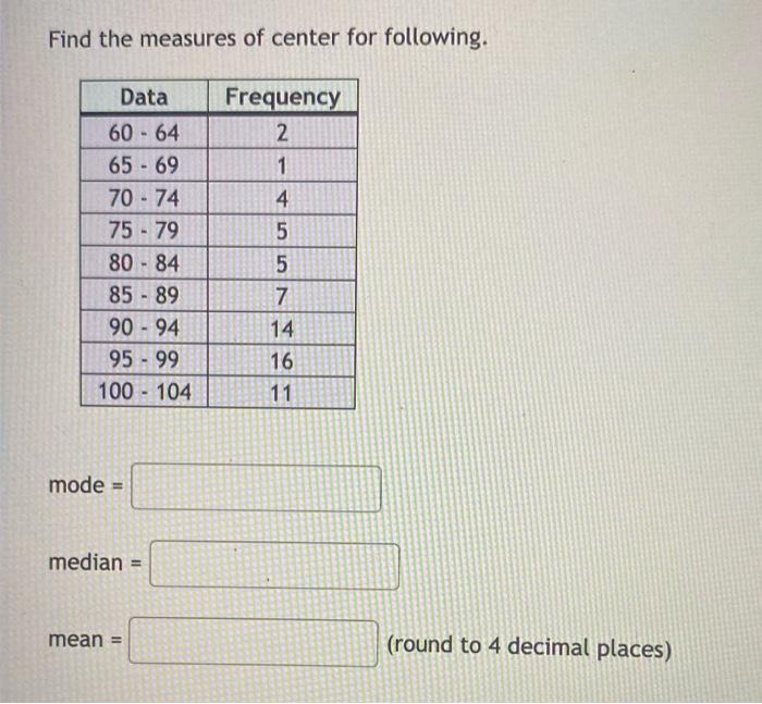 Solved Find the measures of center for following. Frequency | Chegg.com