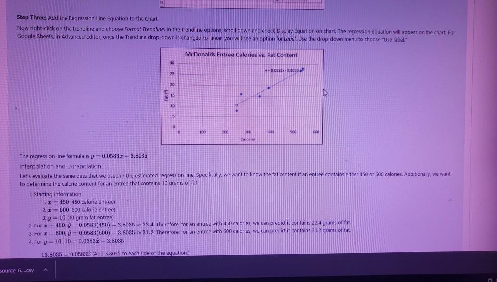 Solved Step Three: Add the Regression Line Equation to the | Chegg.com